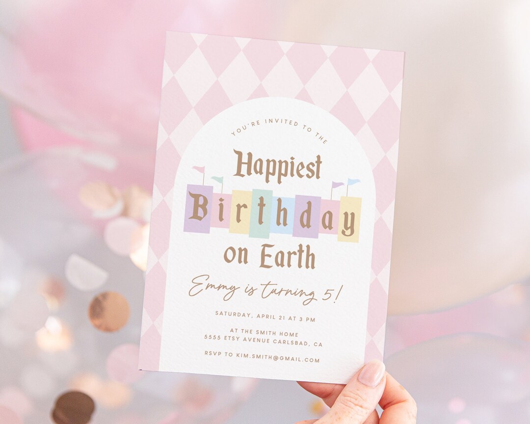 Happiest Birthday on Earth Invitation, Pastel Girl Birthday Invitation ...
