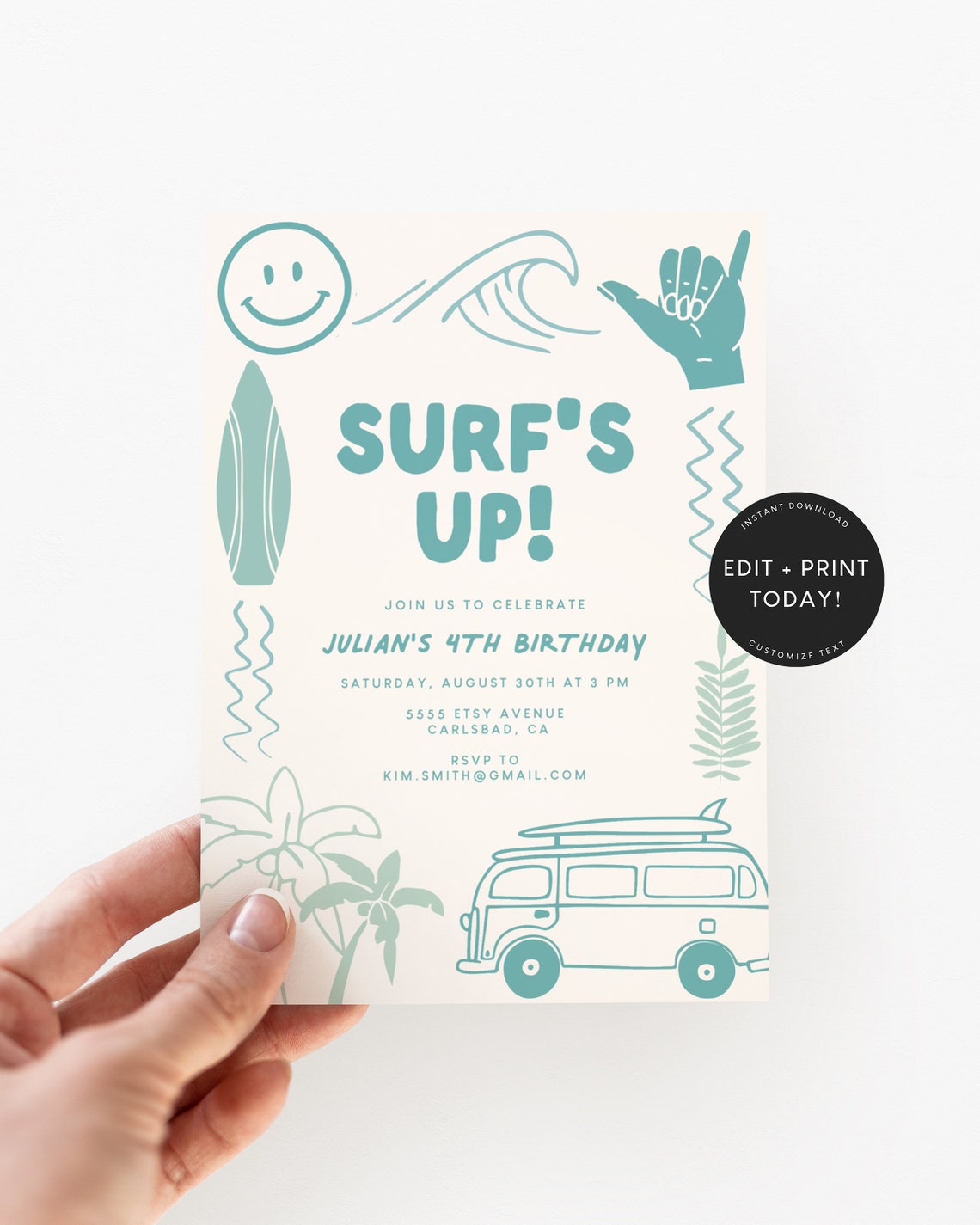 Surf Birthday Invitation Template, Shaka, Beach Birthday Invite, Summer ...