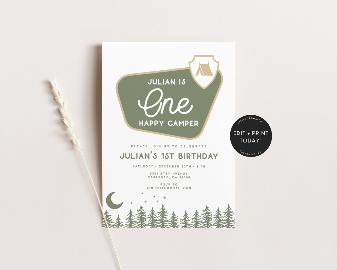 One Happy Camper Birthday Invitation Template, Boy First Birthday, Camping, National Park ...