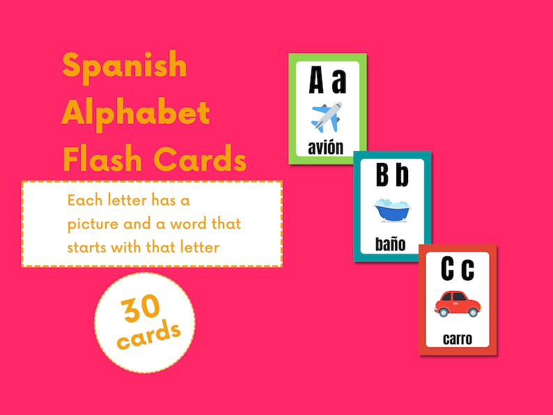 30 Spanish Alphabet Flash Cards - ABC Printable Card - Learn Letters in ...