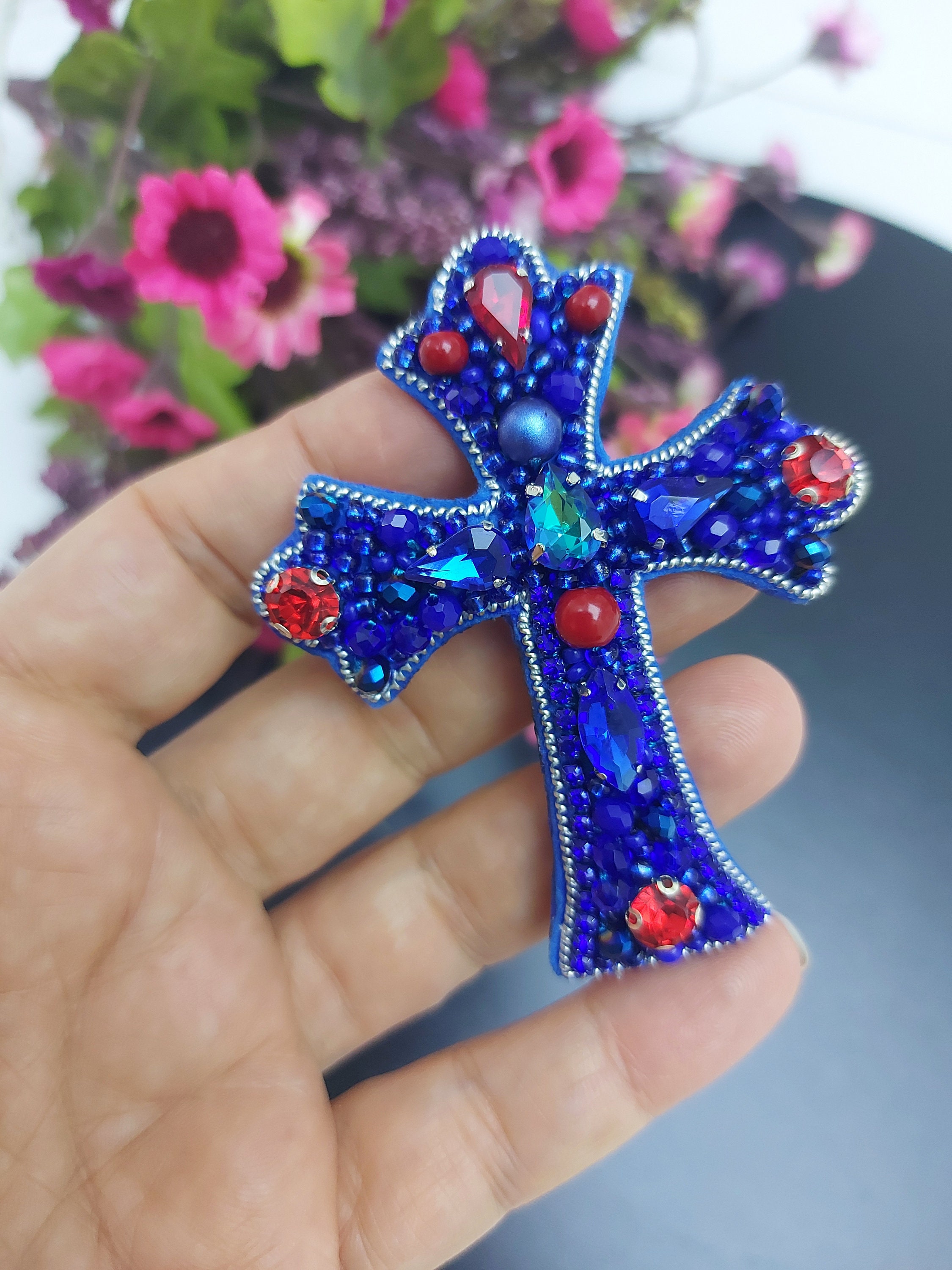 Cross Brooch Handmade,dolce Crosses Jewelry,brooch Aplique Cross,blue Beaded Crosses Pin,gift ...