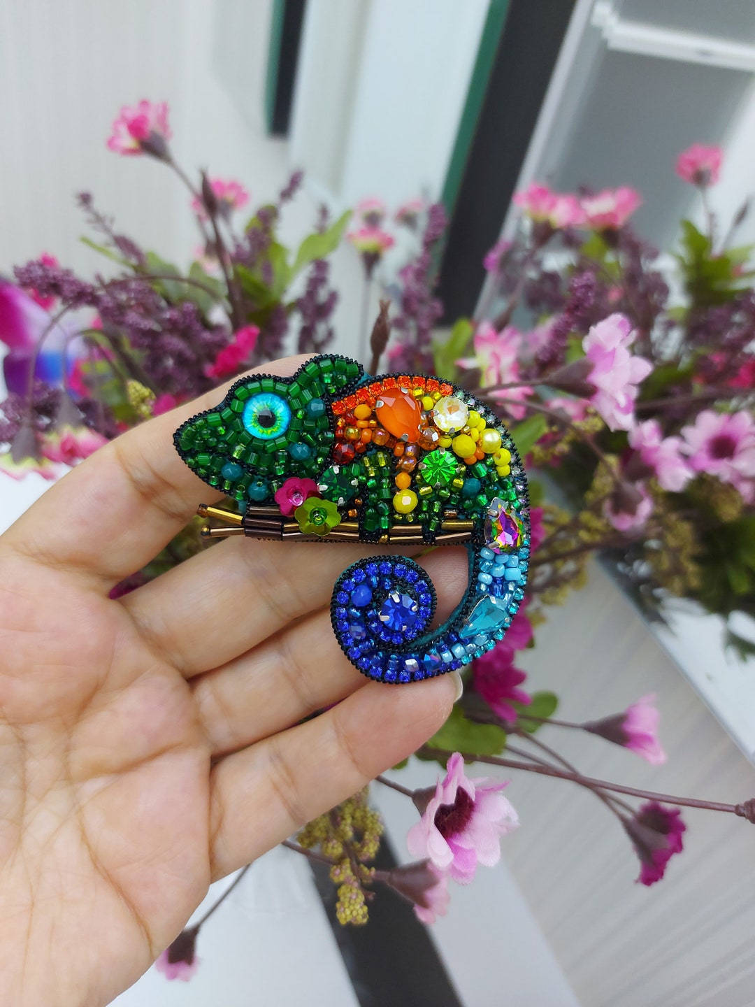 Chameleon Brooch Handmade,colorful Beaded Chameleon Pin,embroidered Pin ...