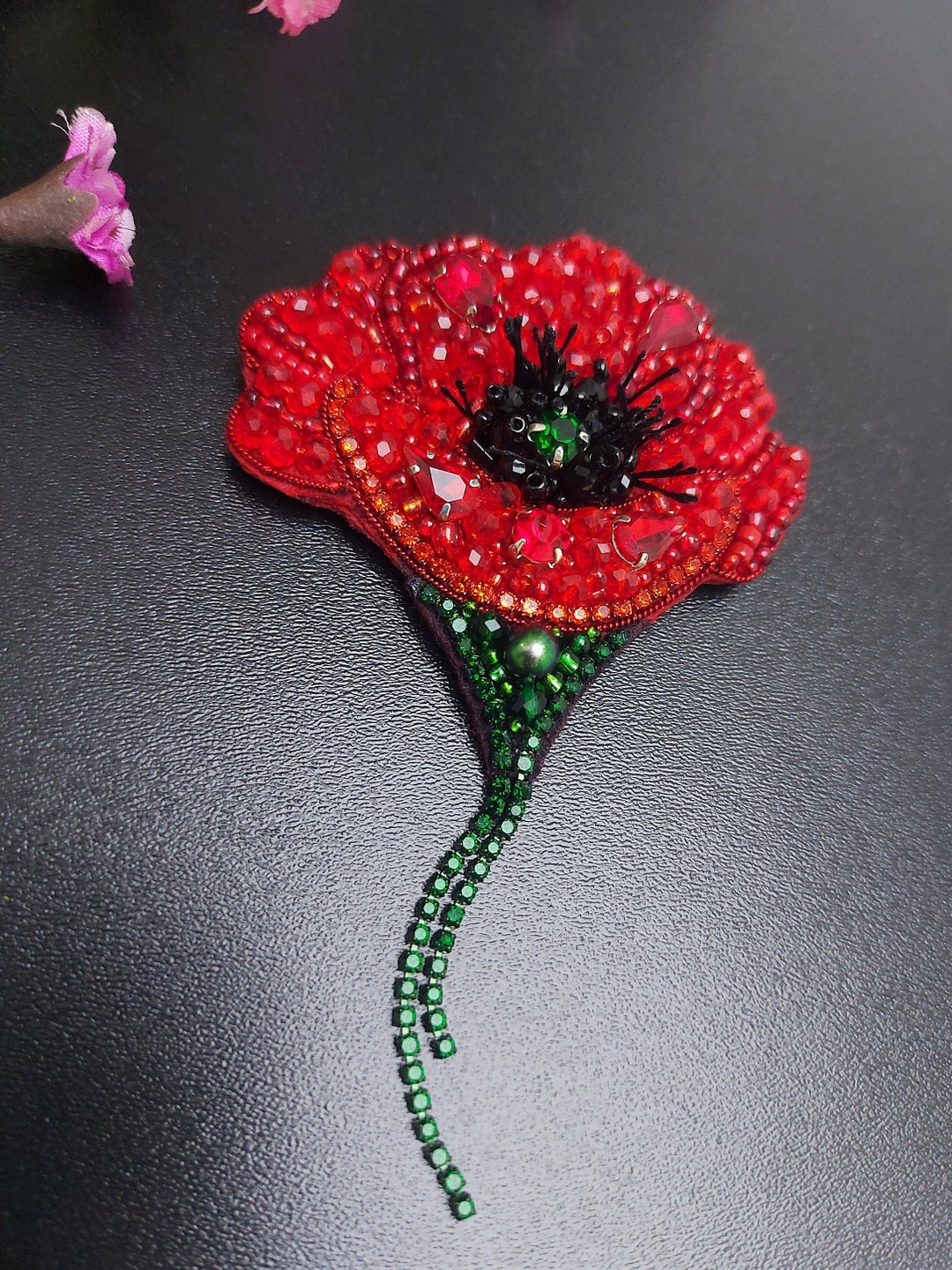 Handmade Red Beaded Poppy Brooch: Embroidered Flower Pin - Etsy