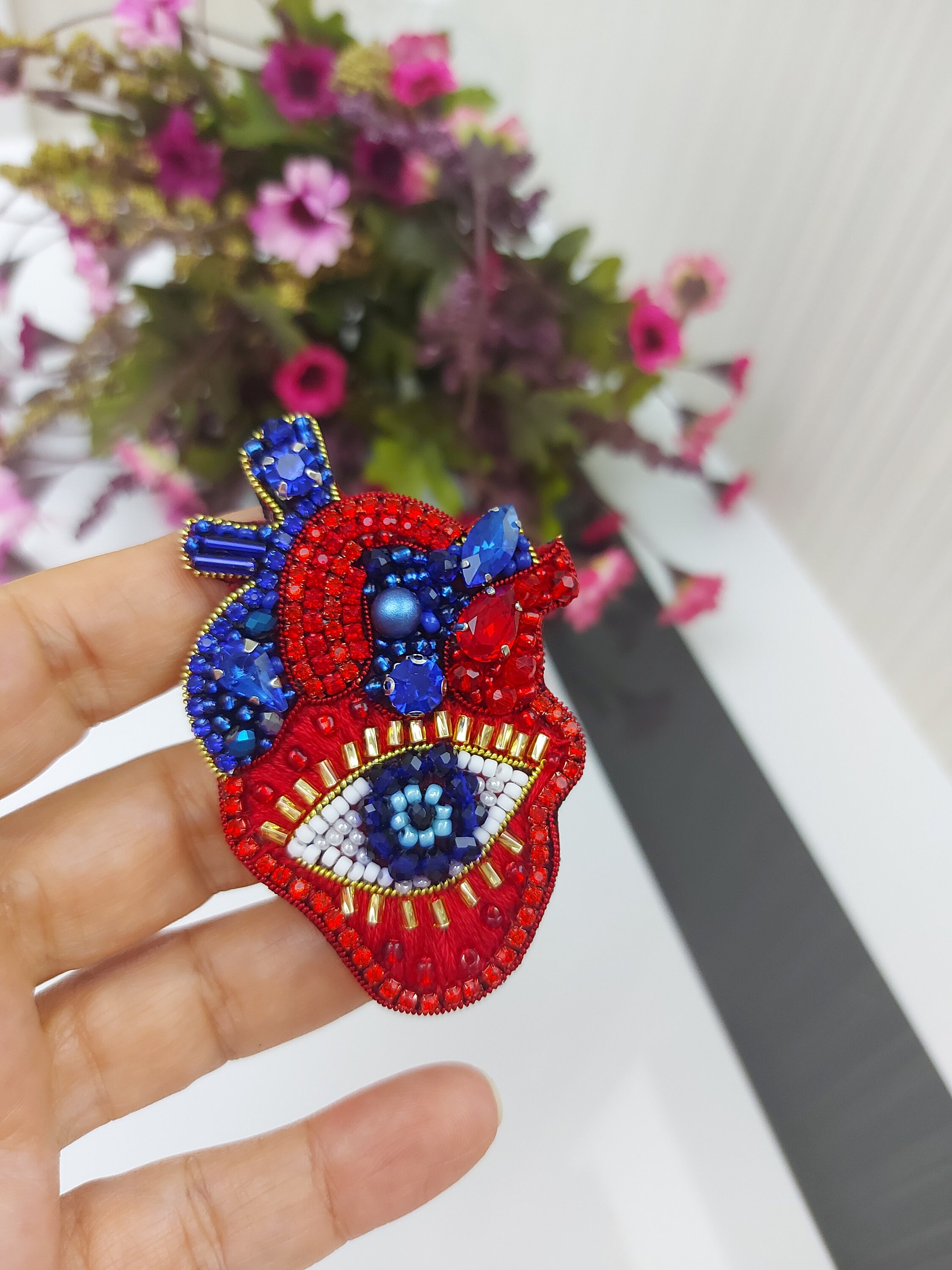 Anatomical Heart Brooch Handmade,embroidery Heart Pin,red Beaded ...