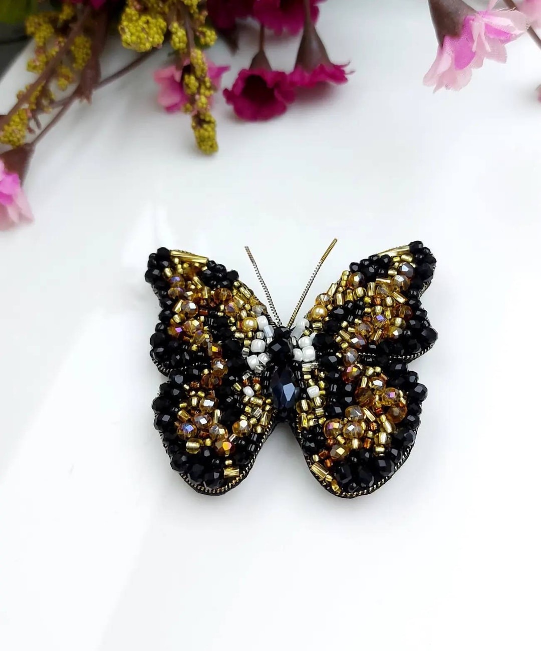 Butterfly Brooch Handmade, Gold Black Beaded Butterfly Pin, Tiger Print ...