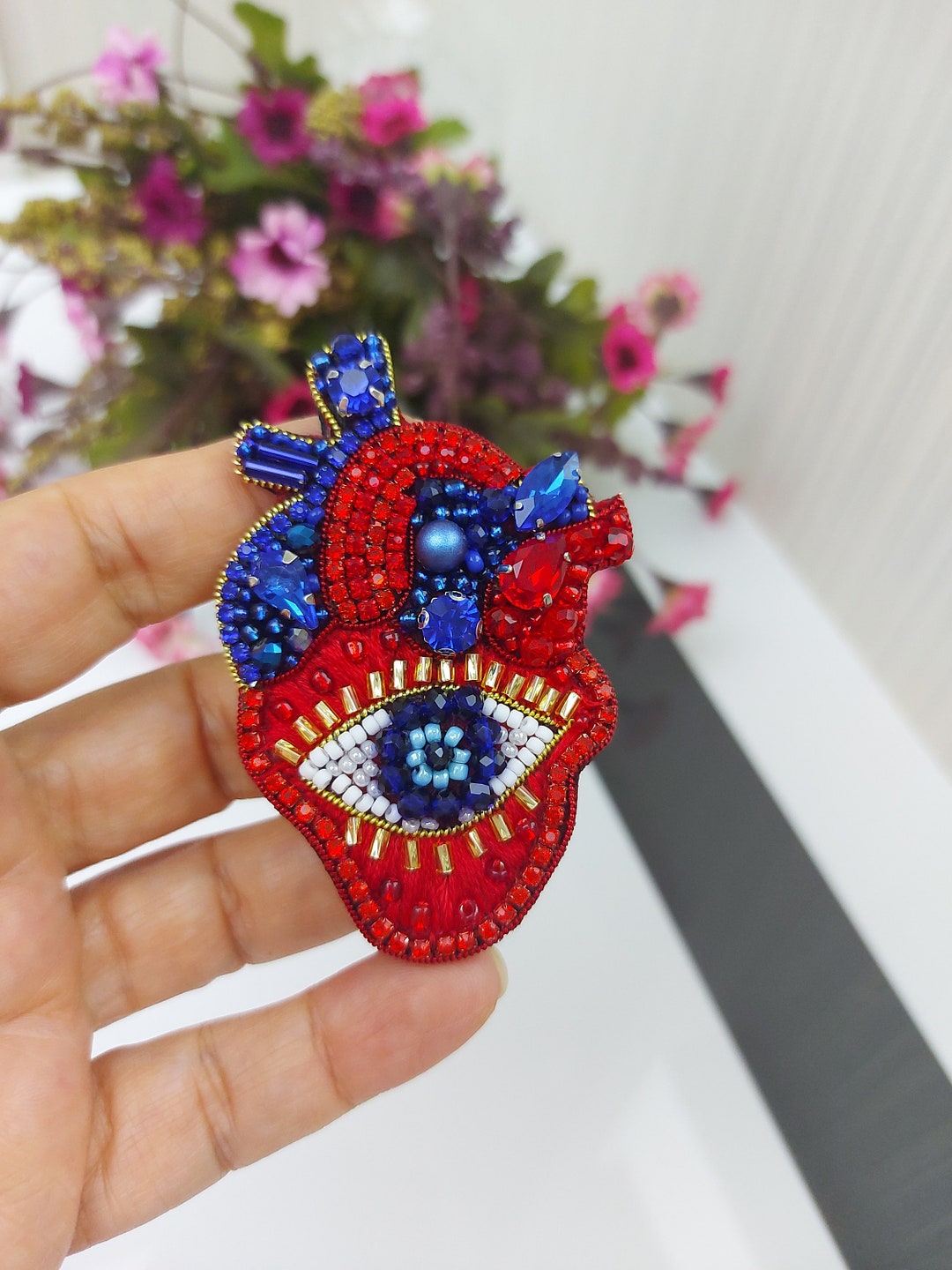 Handmade Beaded Anatomical Heart Brooch: Evil Eye Jewelry - Etsy
