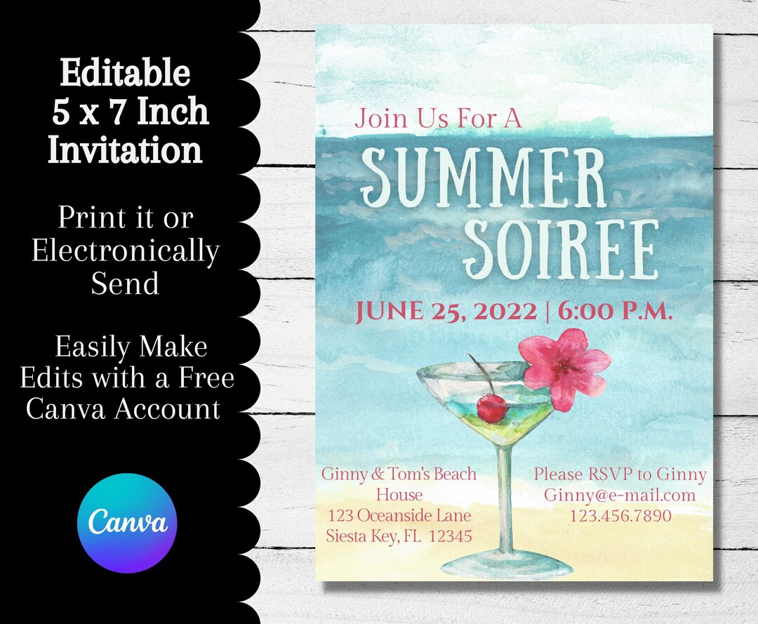Editable Summer Soiree Invitation, Cocktail Party Invitation, Beach ...