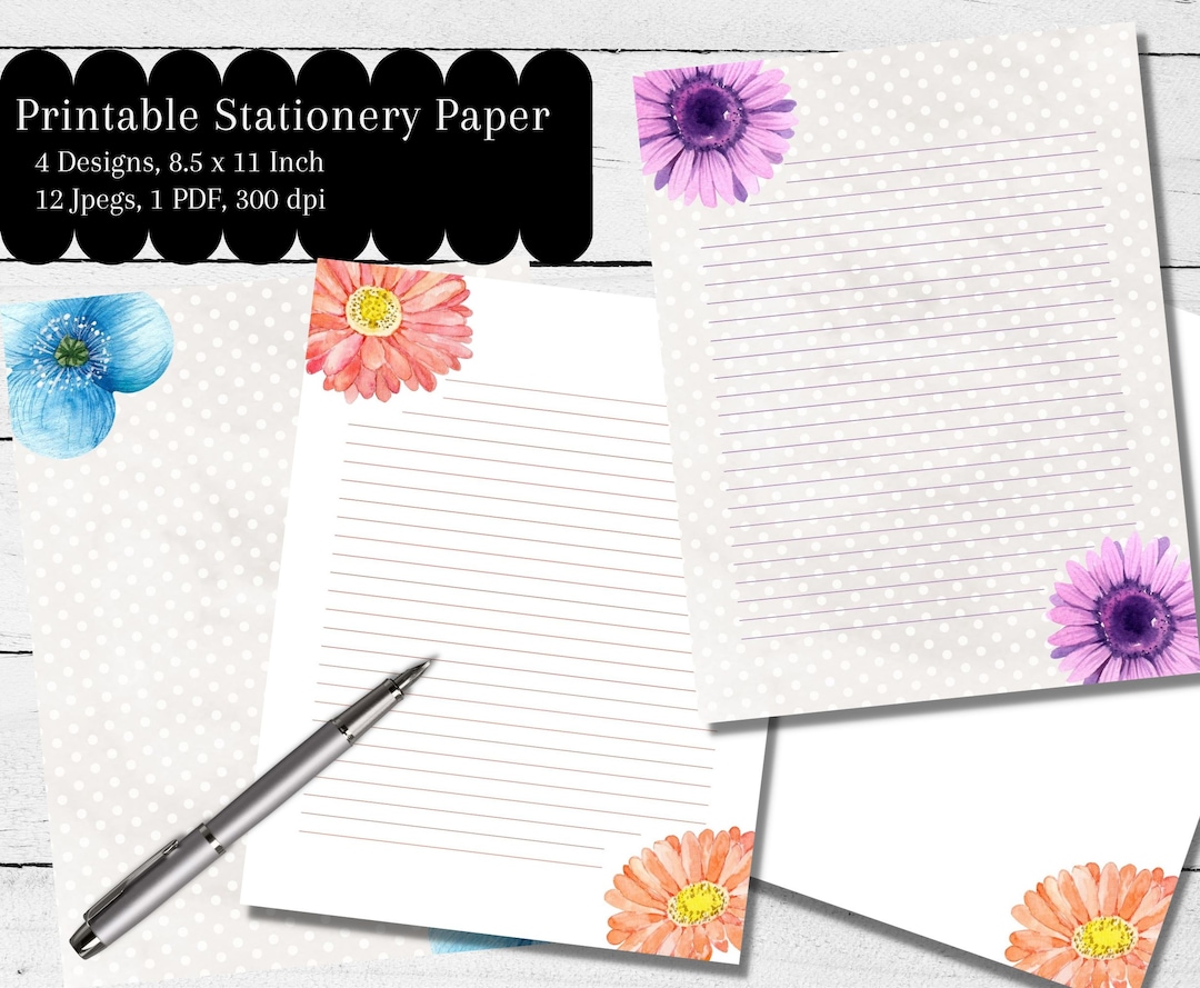 Printable Floral Stationery Paper, Flowers With Polka Dots, Instant ...
