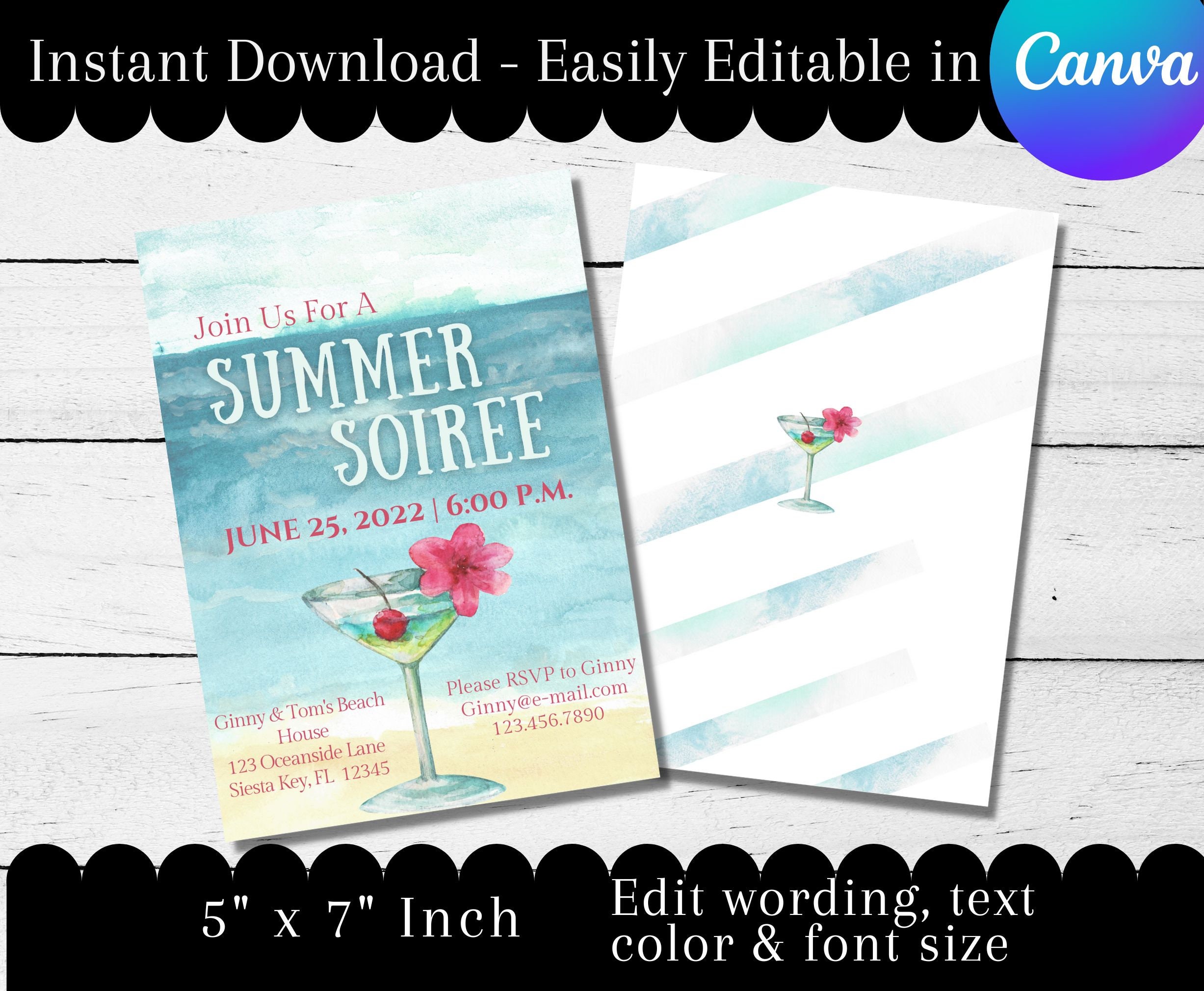 Editable Summer Soiree Invitation, Cocktail Party Invitation, Beach ...