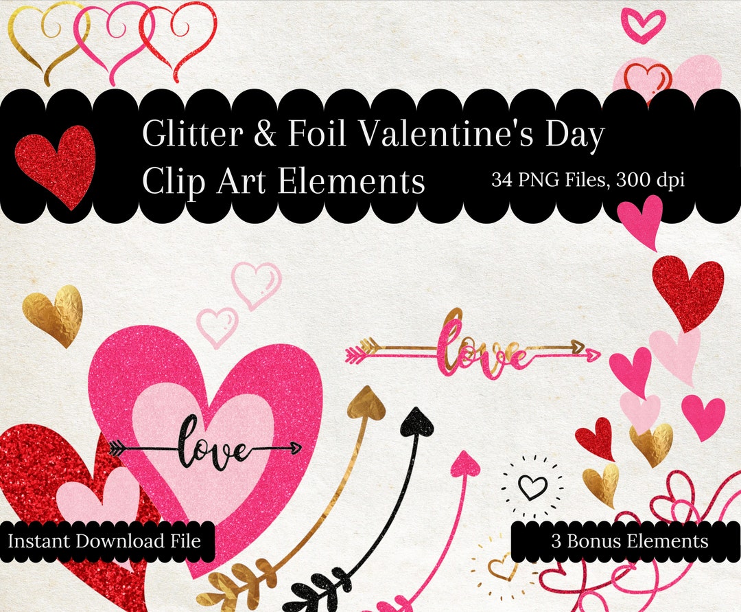 Glitter Hearts Clip Art, 34 PNG Files, Glitter, Gold Foil, Commercial ...