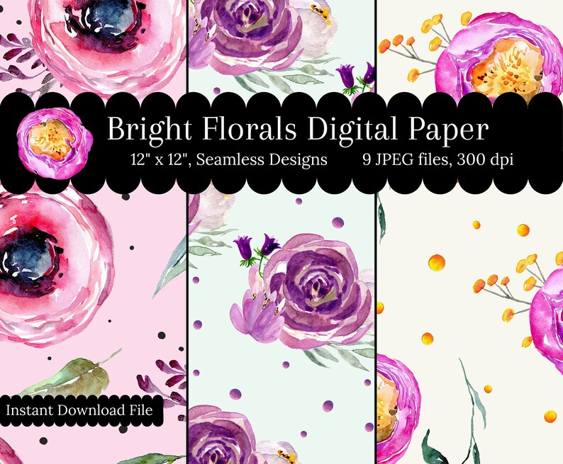 Floral Digital Paper Pack Pink Flowers Purple Flowers - Etsy