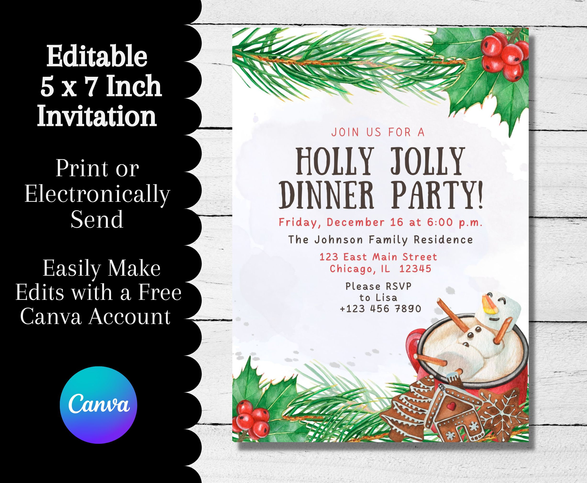 Editable Christmas Party Invitation, Green and Red Holly, Christmas ...