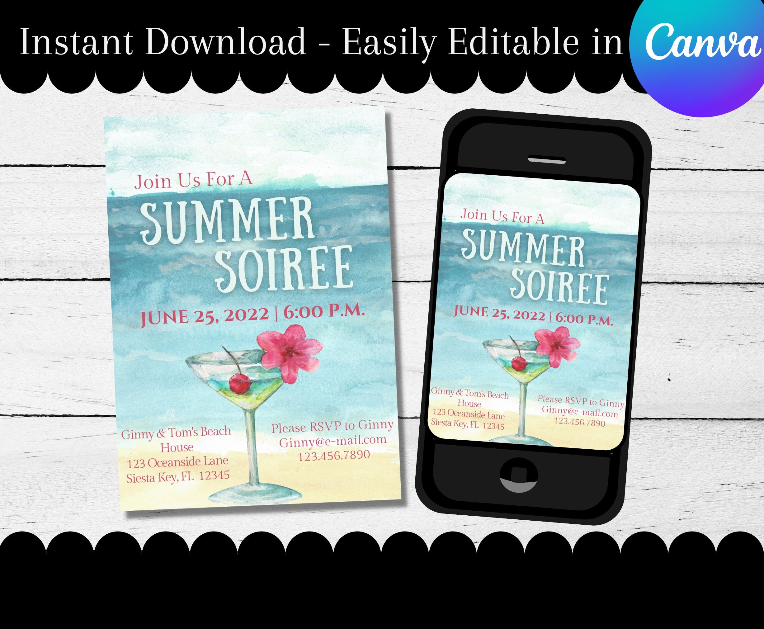 Editable Summer Soiree Invitation, Cocktail Party Invitation, Beach ...