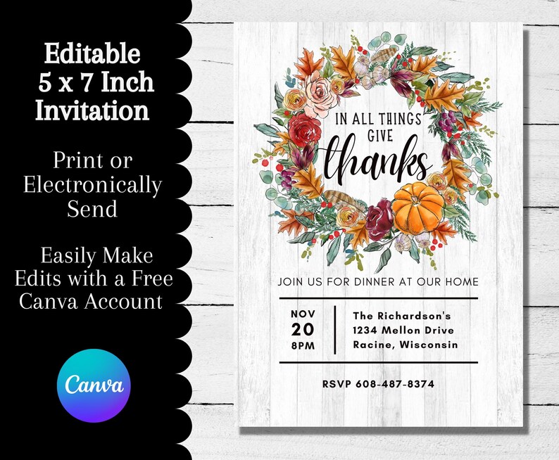 Editable Thanksgiving Invitation With Green Wreath and Orange Pumpkins ...