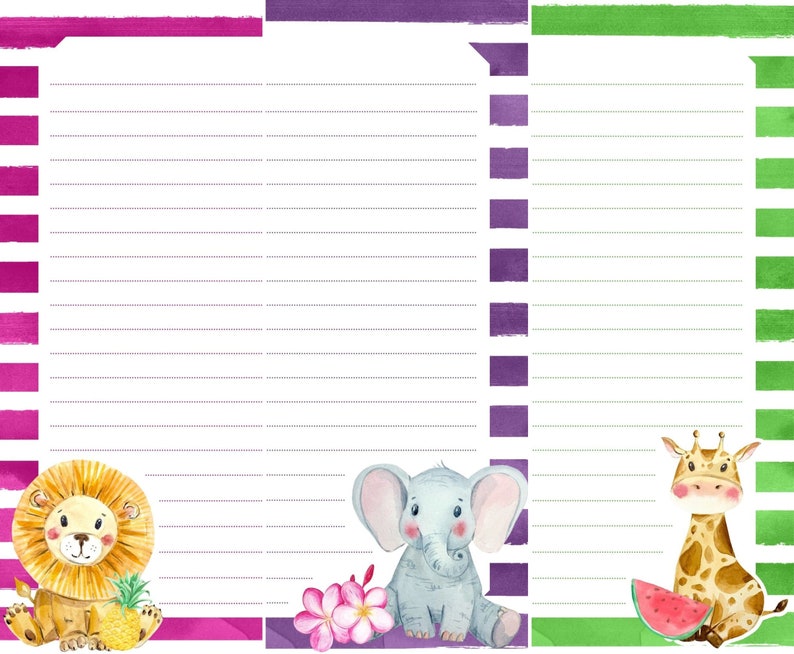 Animals Digital Stationery Set, Kids Animals Printable Paper Set, Hippo ...