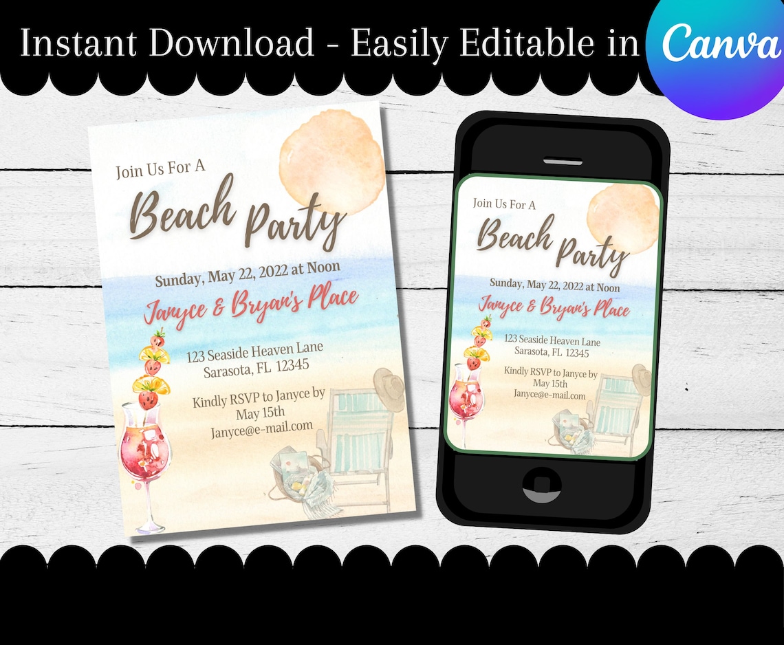 Editable Beach Party Invitation, Pool Party Invitation, Digital ...