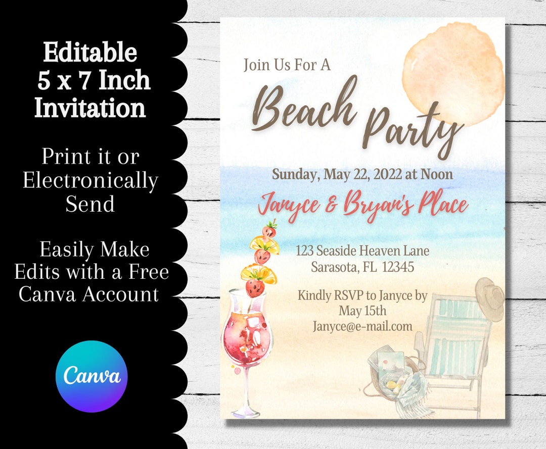 Editable Beach Party Invitation, Pool Party Invitation, Digital ...