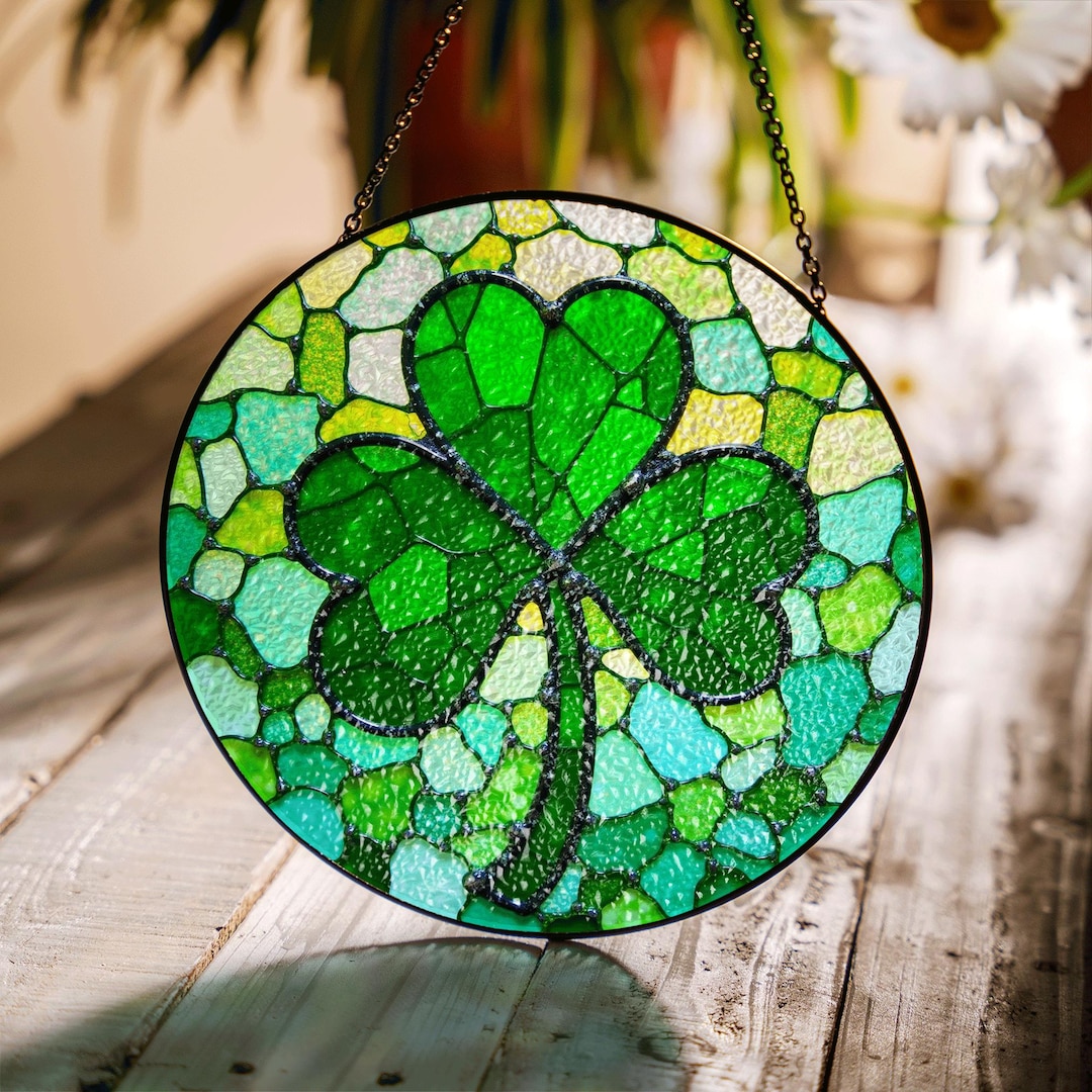 Green Stained Glass Four Leaf Clover Suncatcher Lucky Gift for St ...