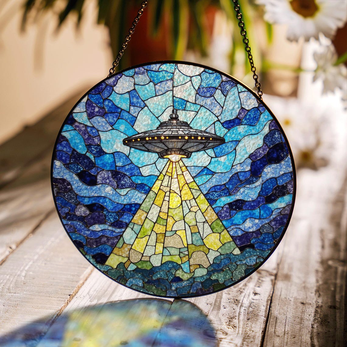 UFO Spaceship Abduction Scene Round Suncatcher Stained Glass Hanging ...