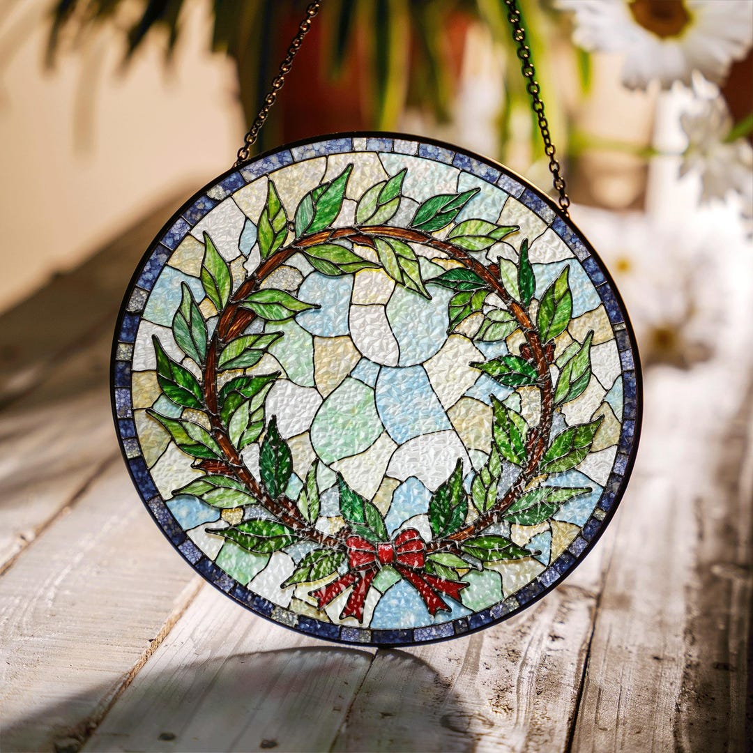 Stained Glass Wreath Suncatcher Holiday Window Decor Gift for Nature ...