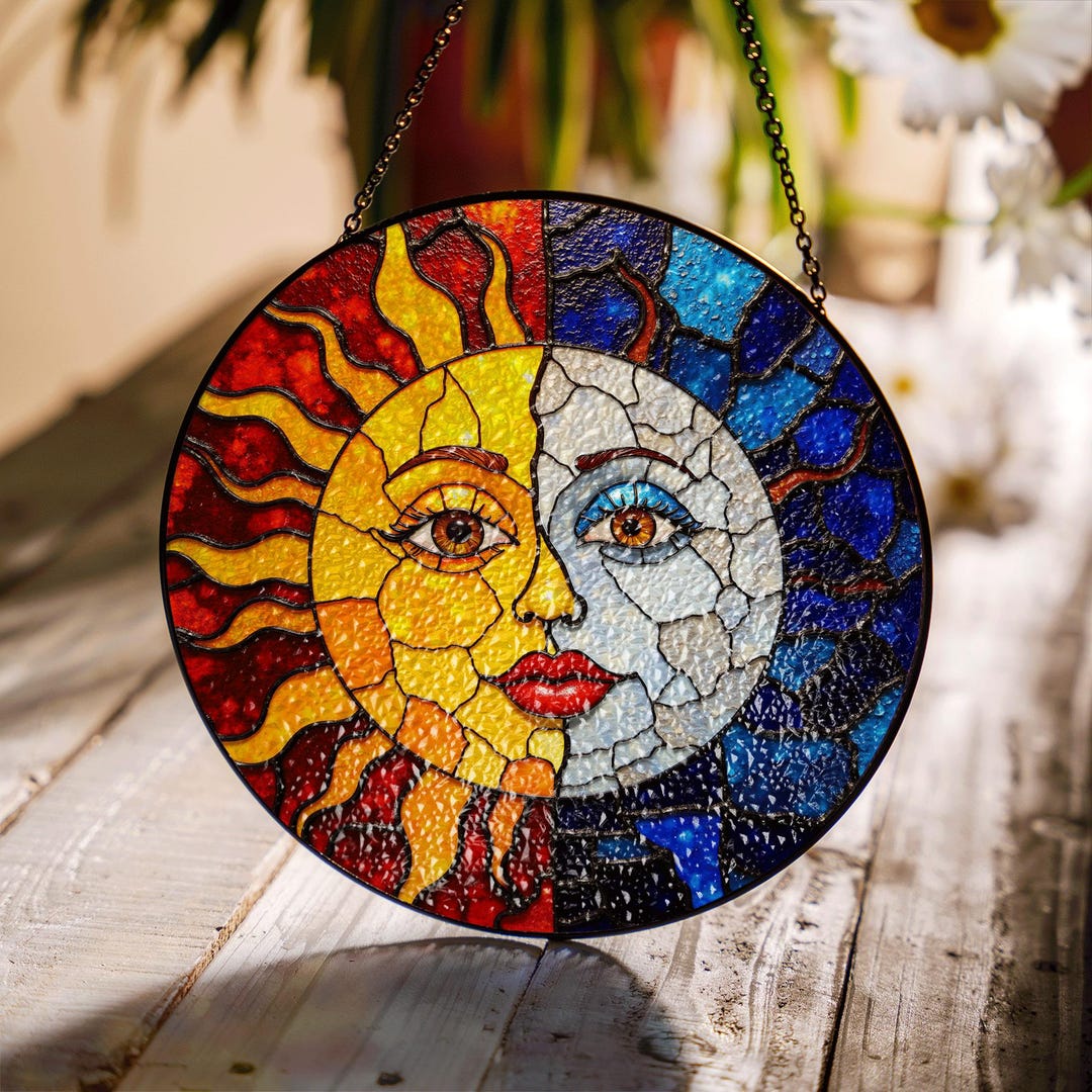 Sun and Moon Stained Glass Suncatcher for Home Decor Gift for Sun ...