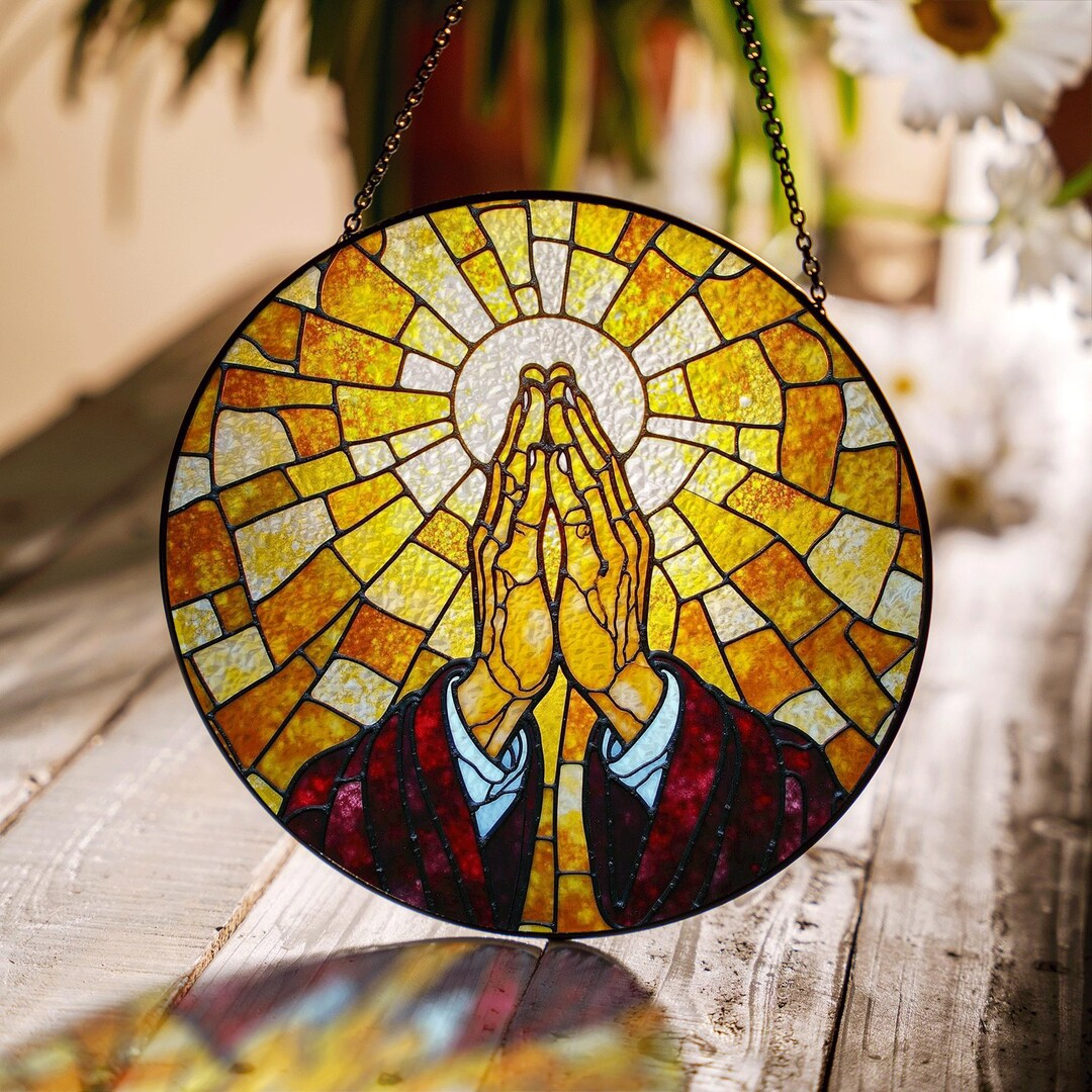 Praying Hands Glass Art Round Sun Catcher Religious Window Decor Gift ...