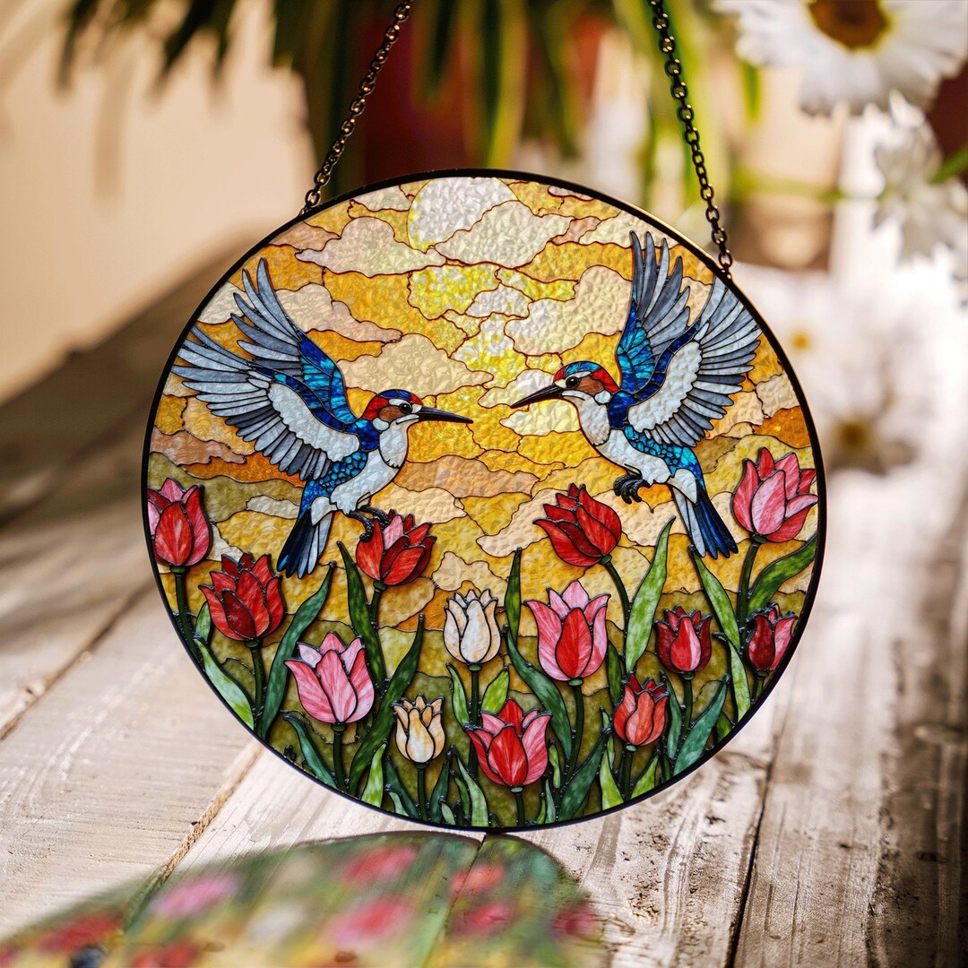 Hummingbirds Tulip Garden Glass Suncatcher Window Hanging Nature Art ...