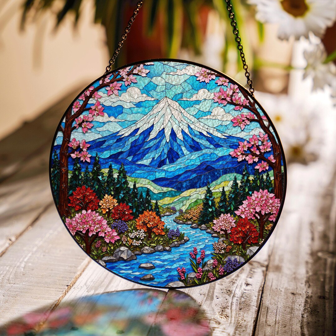 Mountain Forest River Scene Stained Glass Style Suncatcher Gift for Nature Lovers - Etsy