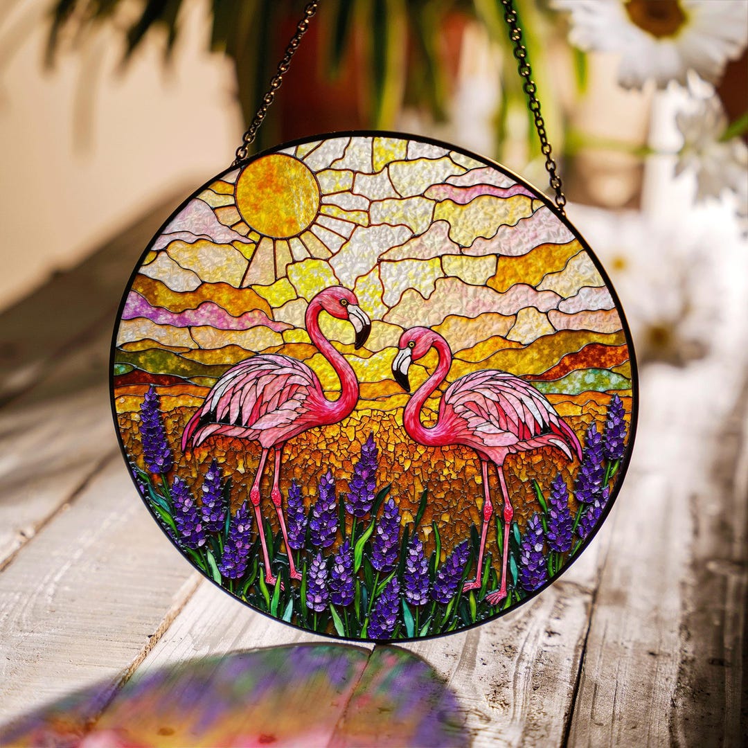 Flamingos in Sunset Lavender Field Stained Glass Window Hanging ...
