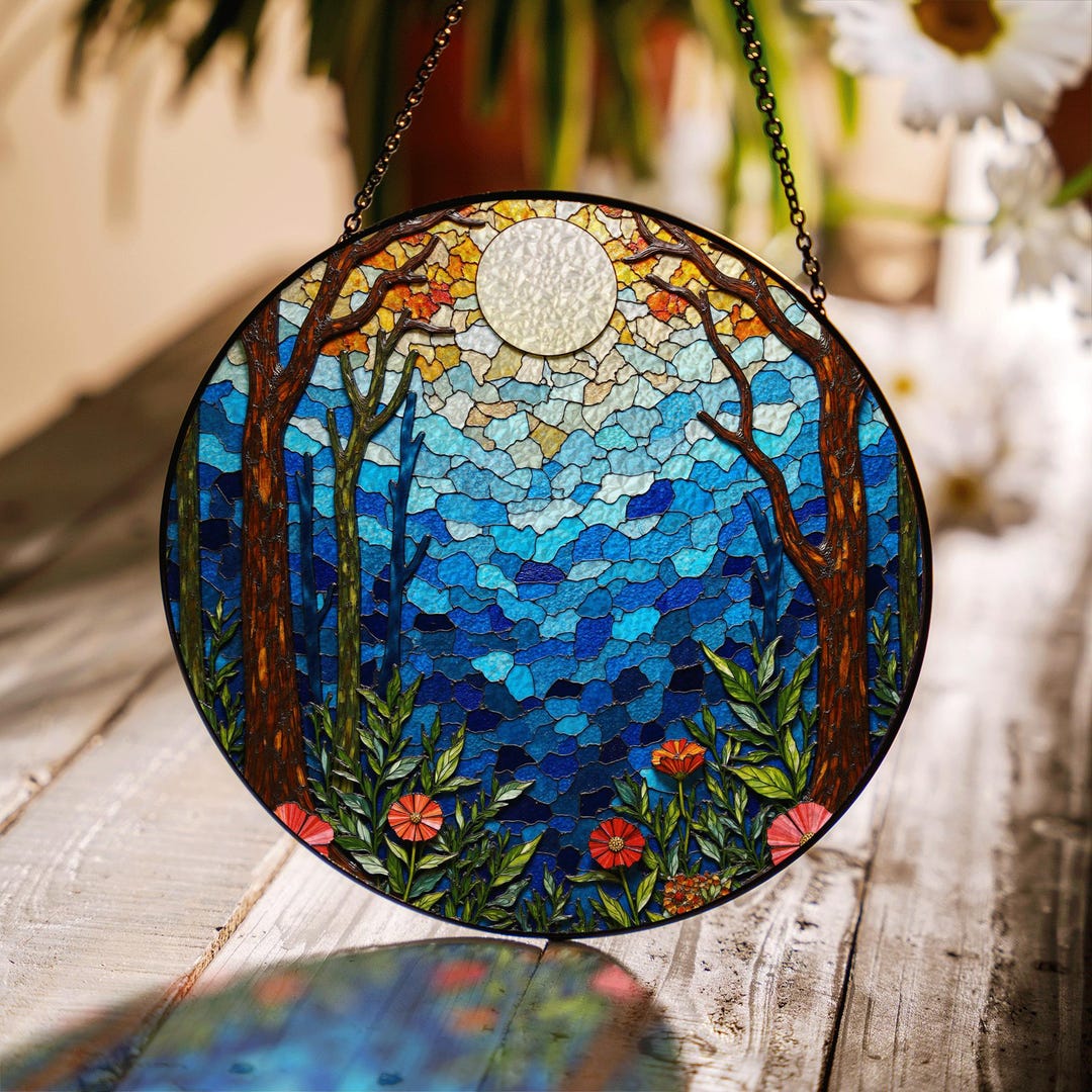 Moonlit Forest Stained Glass Suncatcher Blue Woodland Window Decor Gift ...