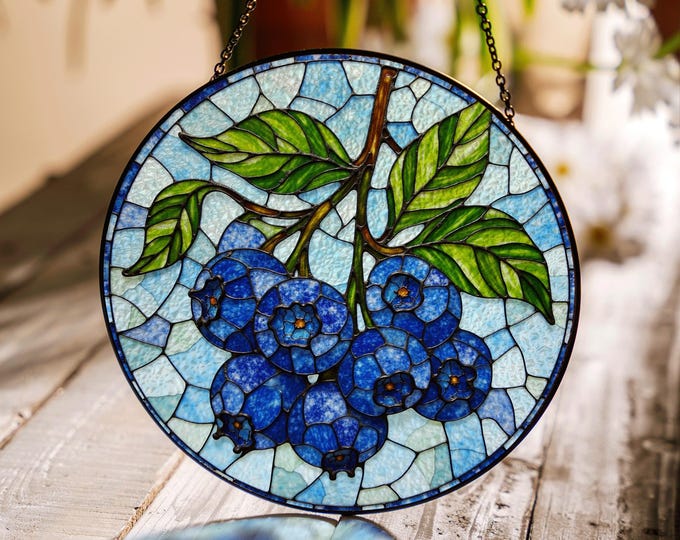 Michigan Blueberry Stained Glass Suncatcher: Summer Fruit Window Decor ...
