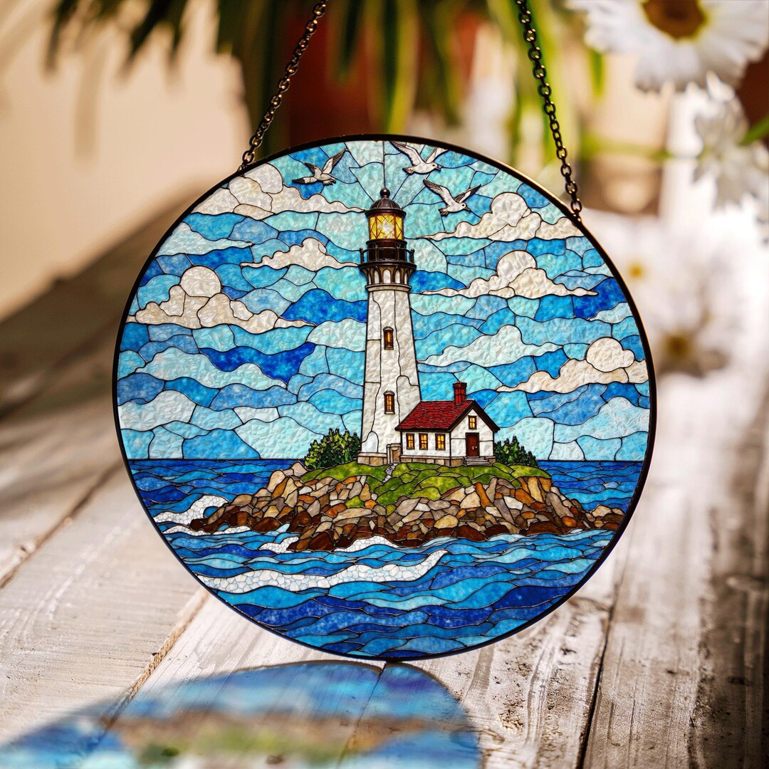 Stained Glass Lighthouse Suncatcher, Ocean Waves, Coastal Decor, Gift ...