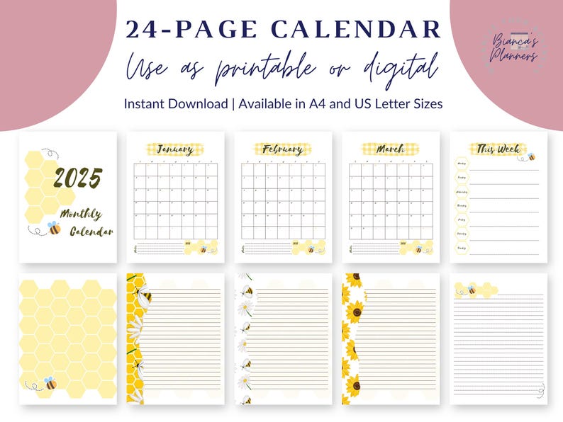 2025 Monthly Calendar | Bees and Sunflowers Design | Printable PDF ...