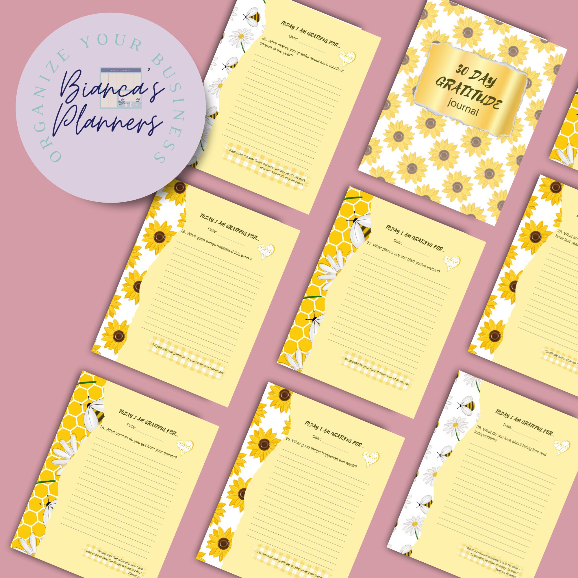 30 Day Gratitude Journal Sunflowers and Bees, Printable Journal ...