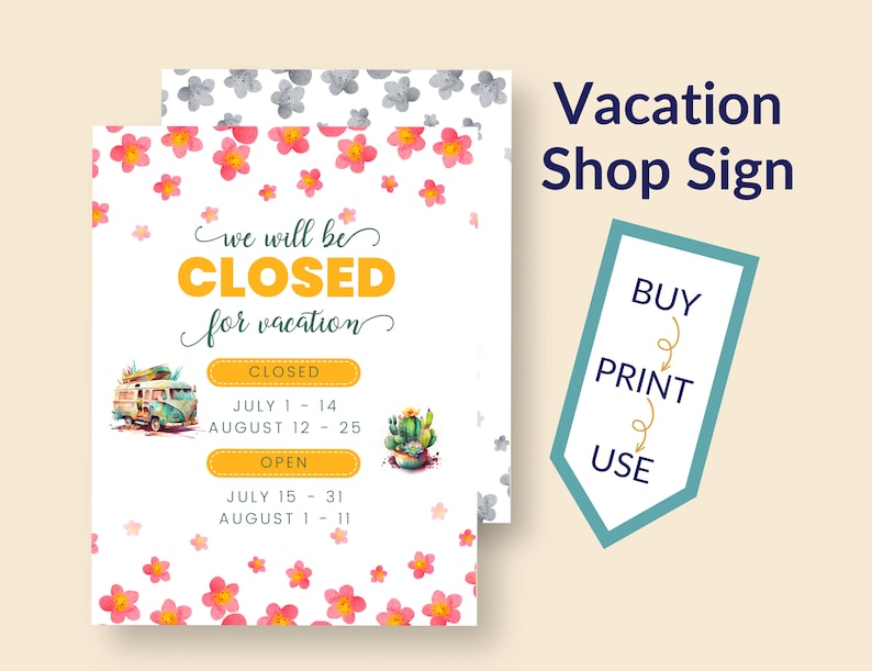 Customizable Vacation Closed Sign: Flower Power Theme (instant Download ...
