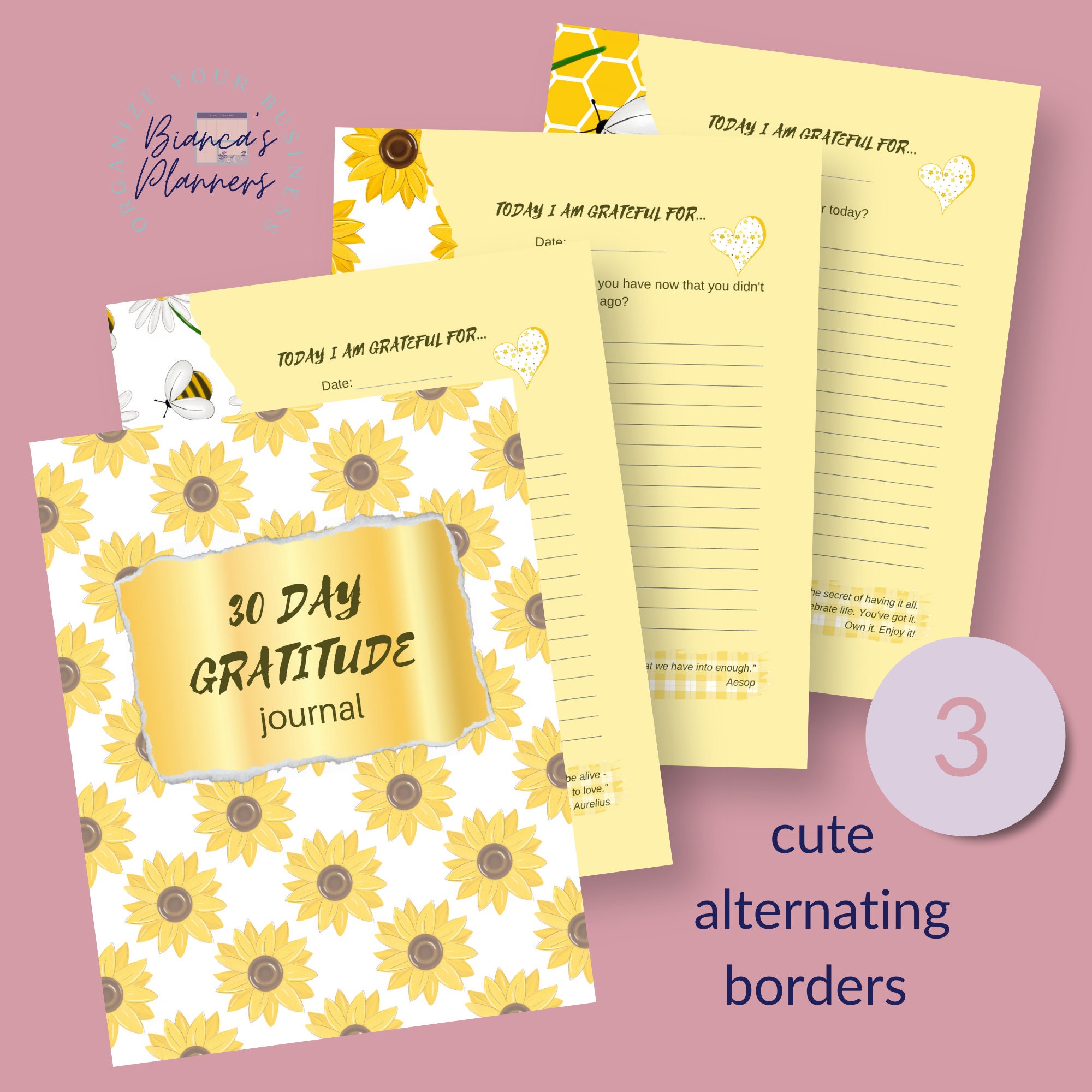 30 Day Gratitude Journal Sunflowers and Bees, Printable Journal ...