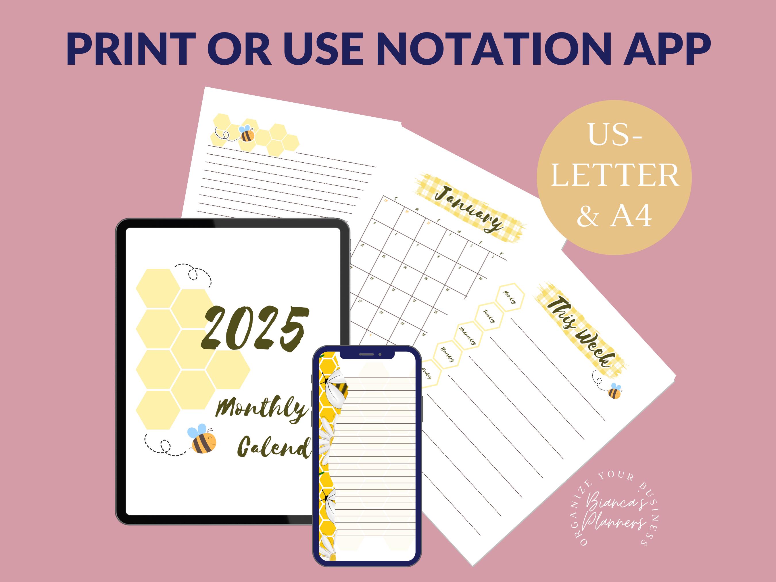 2025 Monthly Calendar | Bees and Sunflowers Design | Printable PDF ...