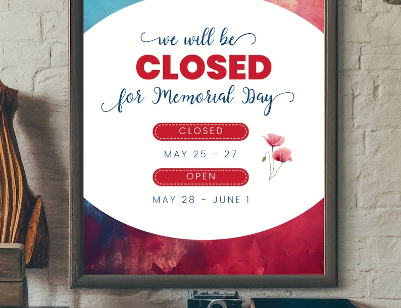 Memorial Day Shop Sign: Customizable Holiday Hours (printable) - Etsy