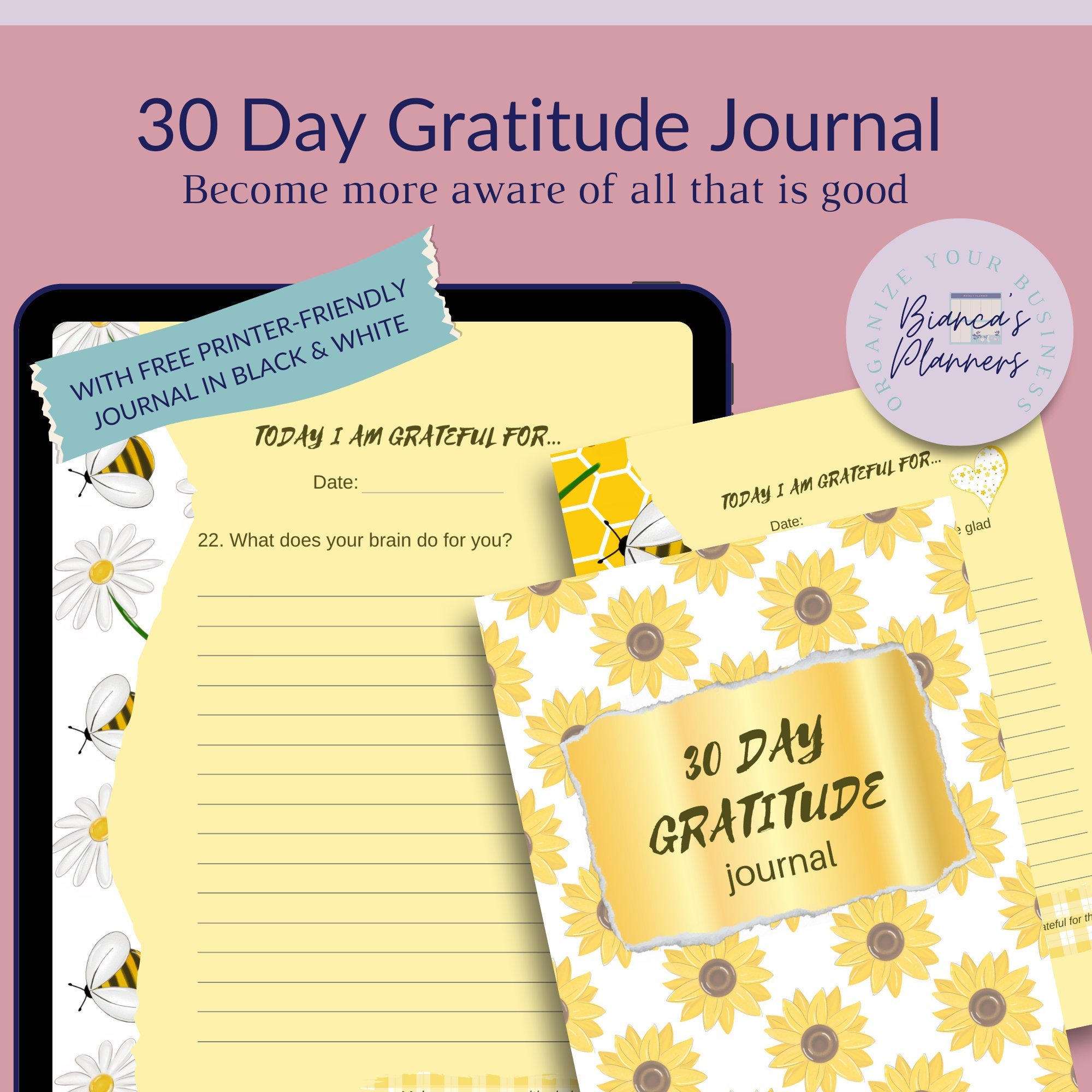 30 Day Gratitude Journal Sunflowers and Bees, Printable Journal ...