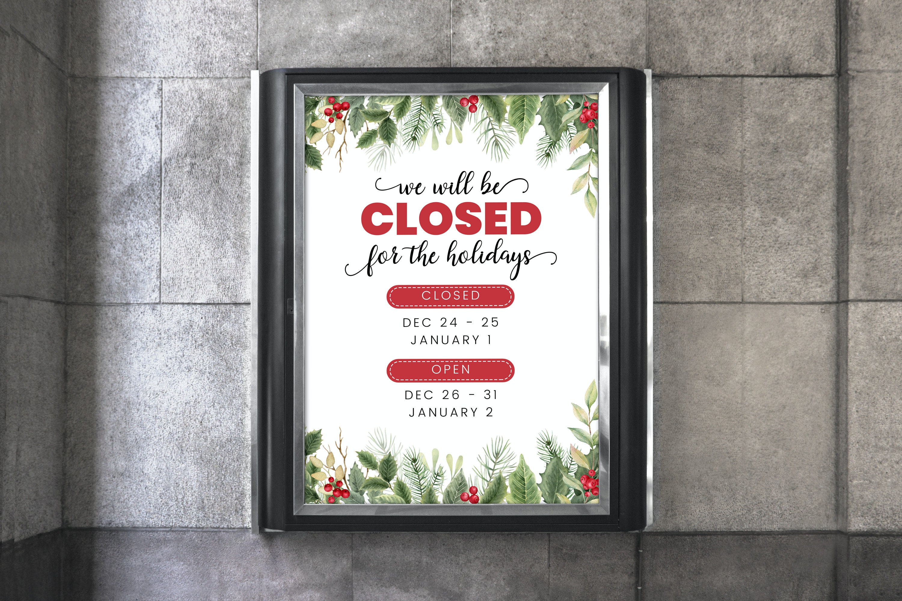 Customizable Holiday Closed Sign | Printable Shop Open Hours | December ...