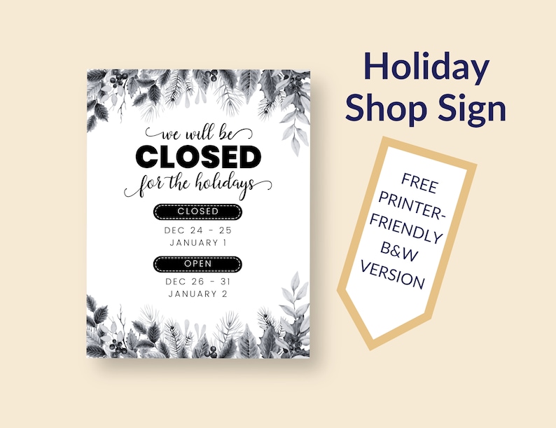 Customizable Holiday Shop Closed Sign: Printable Festive Signage ...
