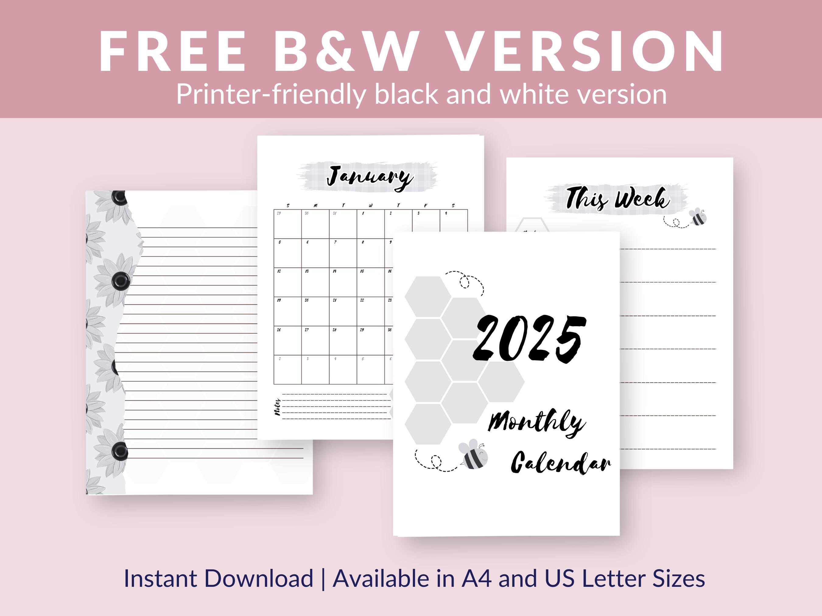 2025 Monthly Calendar | Bees and Sunflowers Design | Printable PDF ...