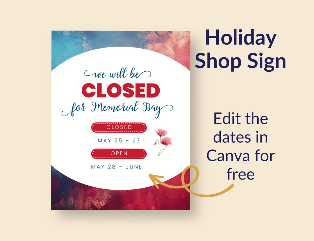 Memorial Day Shop Sign: Customizable Holiday Hours (printable) - Etsy