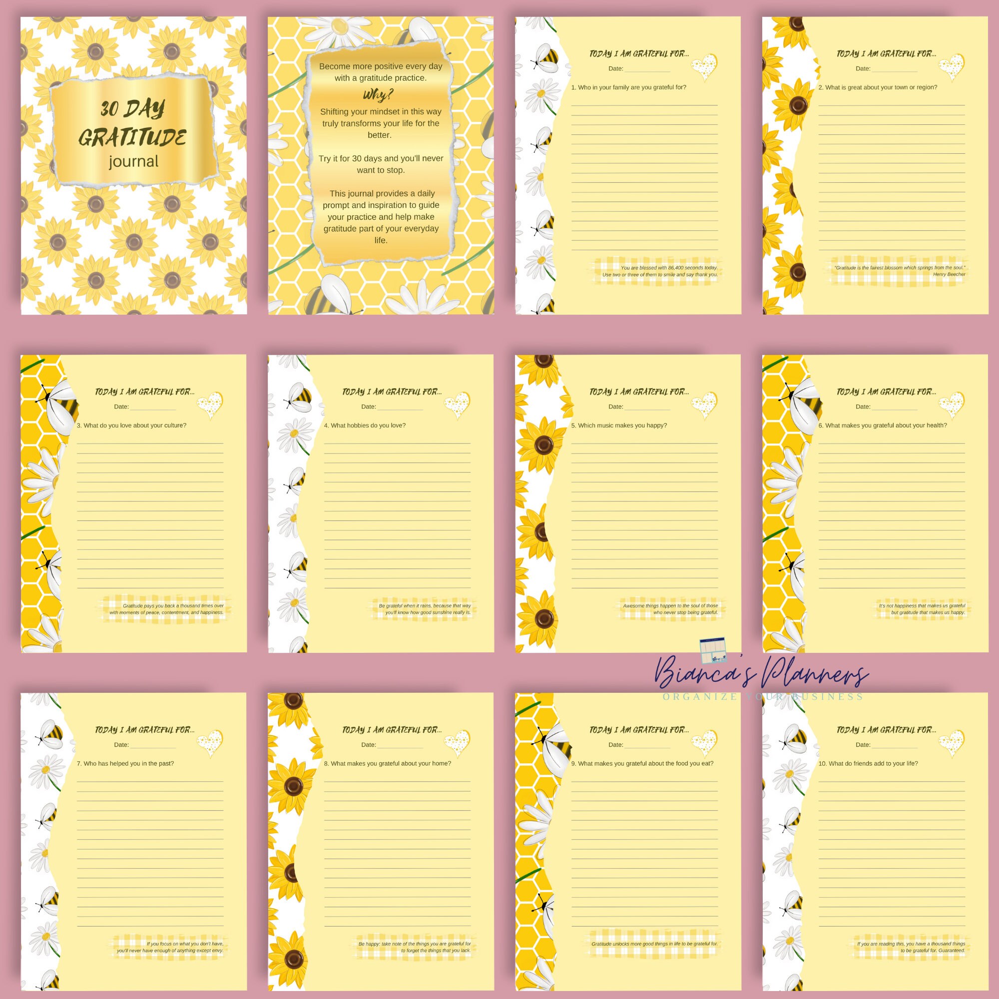 30 Day Gratitude Journal Sunflowers and Bees, Printable Journal ...