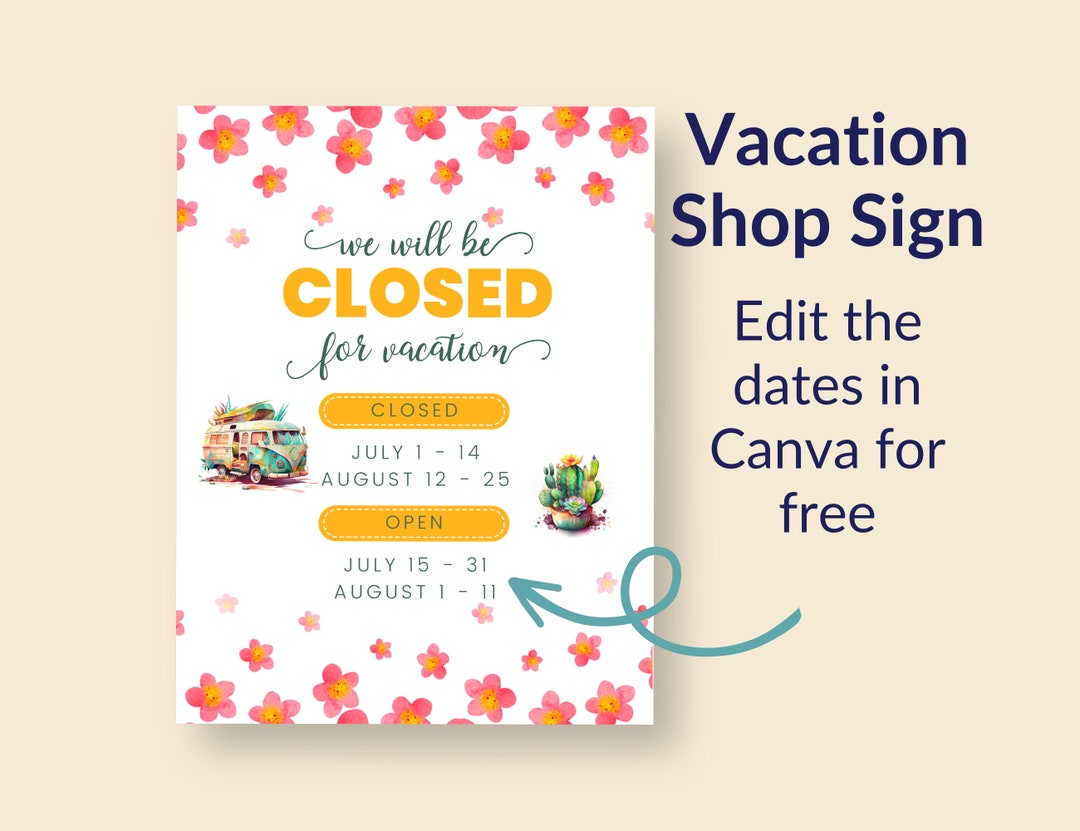 Customizable Vacation Closed Sign: Flower Power Theme (instant Download ...