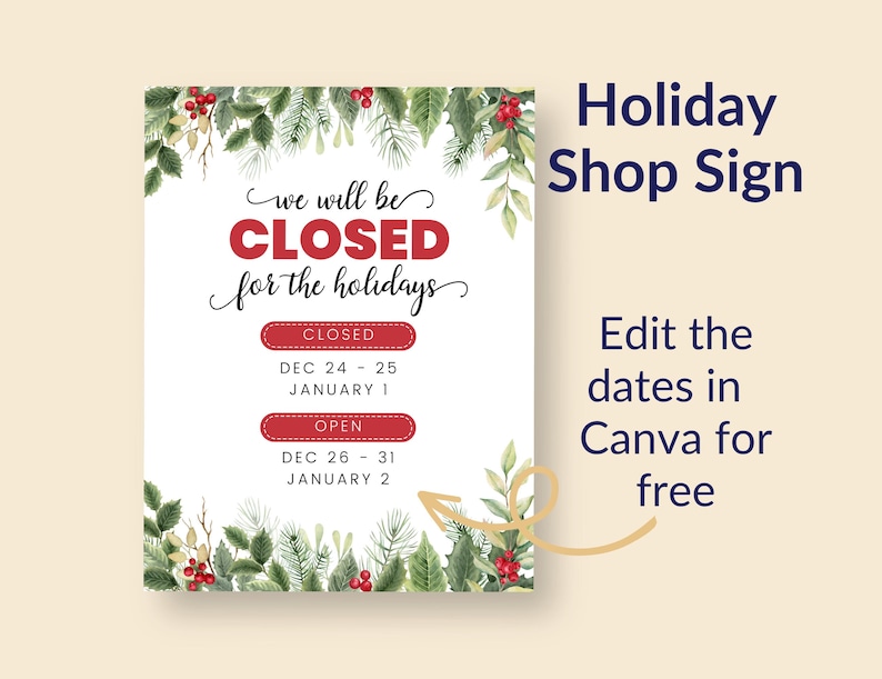 Customizable Holiday Closed Sign | Printable Shop Open Hours | December ...