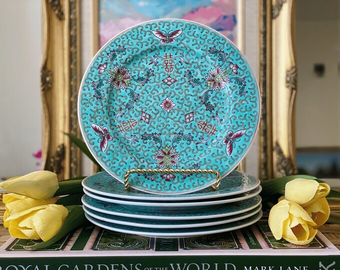 Vintage Turquoise Famille Rose Mun Shou Longevity Plates |vintage ...