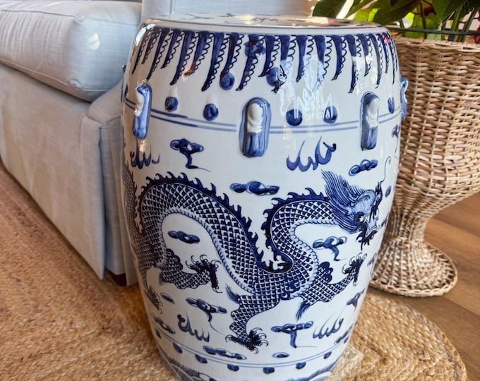 Blue and White Dragon Chinoiserie Garden Stool | Garden Seat | Gathered ...