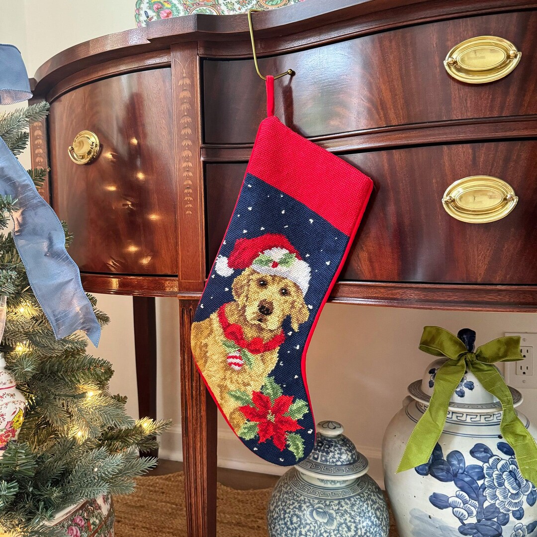 Golden Retriever Needlepoint Stocking | Golden Retriever | Needlepoint ...