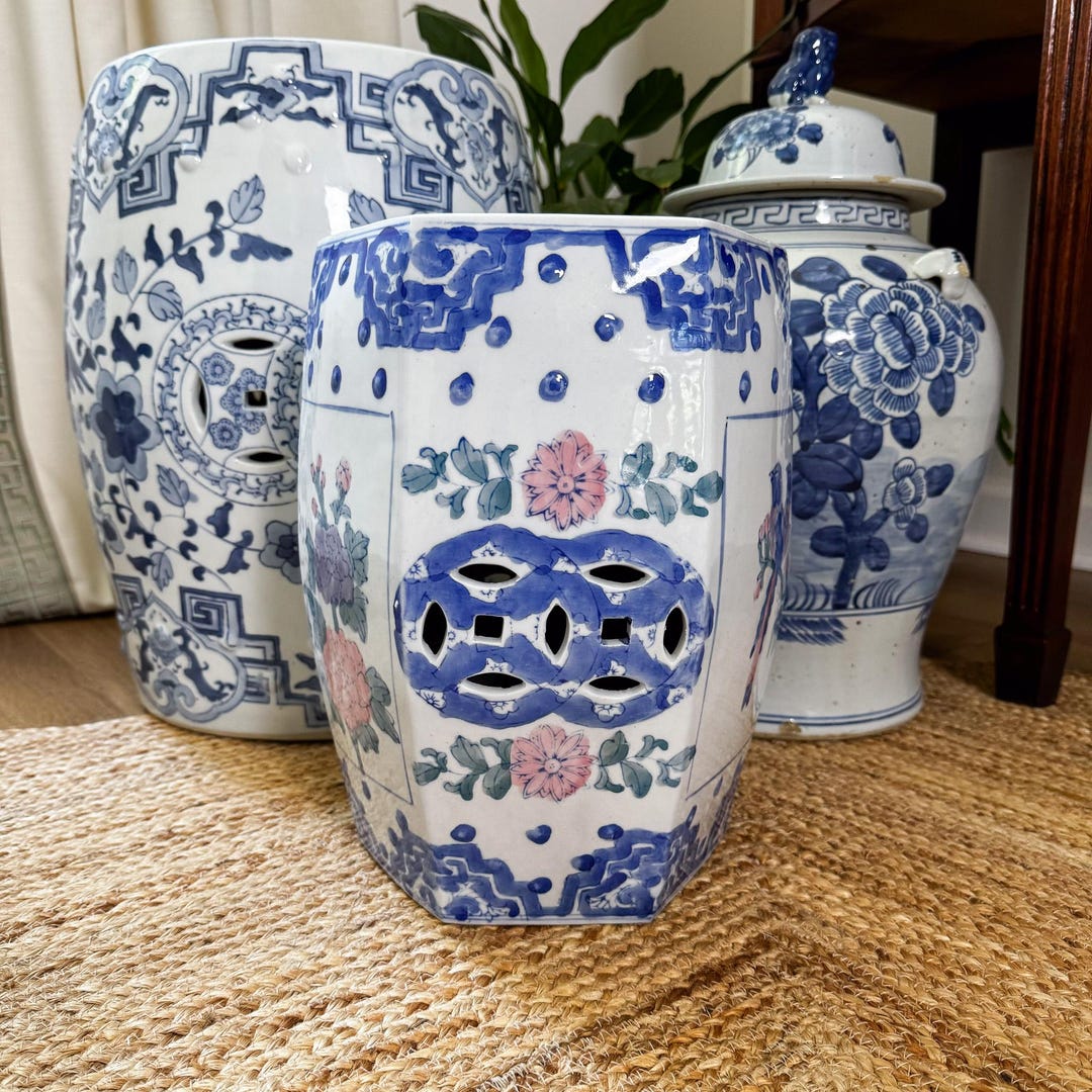 Petite Chinoiserie Garden Stool | Petite Garden Stool | Pink, Green and ...